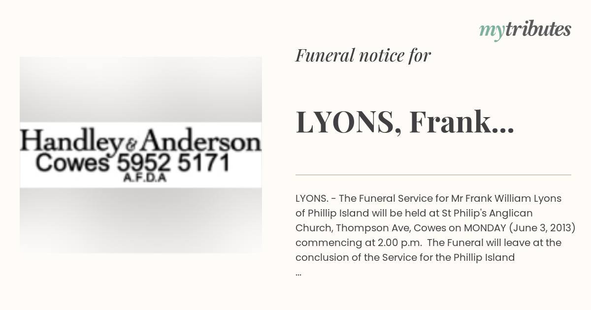 LYONS, Frank William | Funeral Notices | Melbourne | My Tributes
