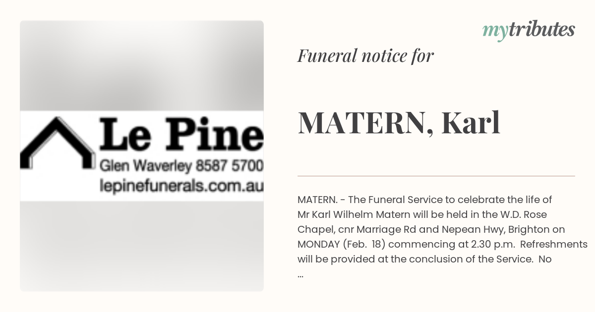 MATERN, Karl | Funeral Notices | Melbourne | My Tributes