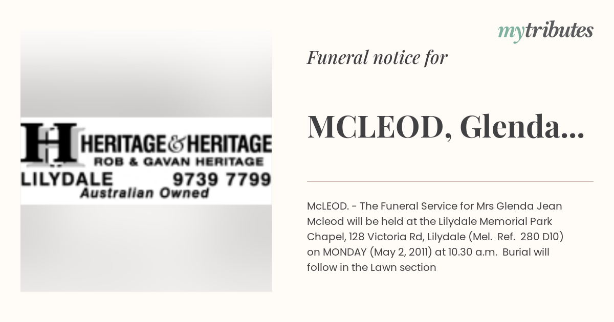 MCLEOD, Glenda Jean | Funeral Notices | Melbourne | My Tributes