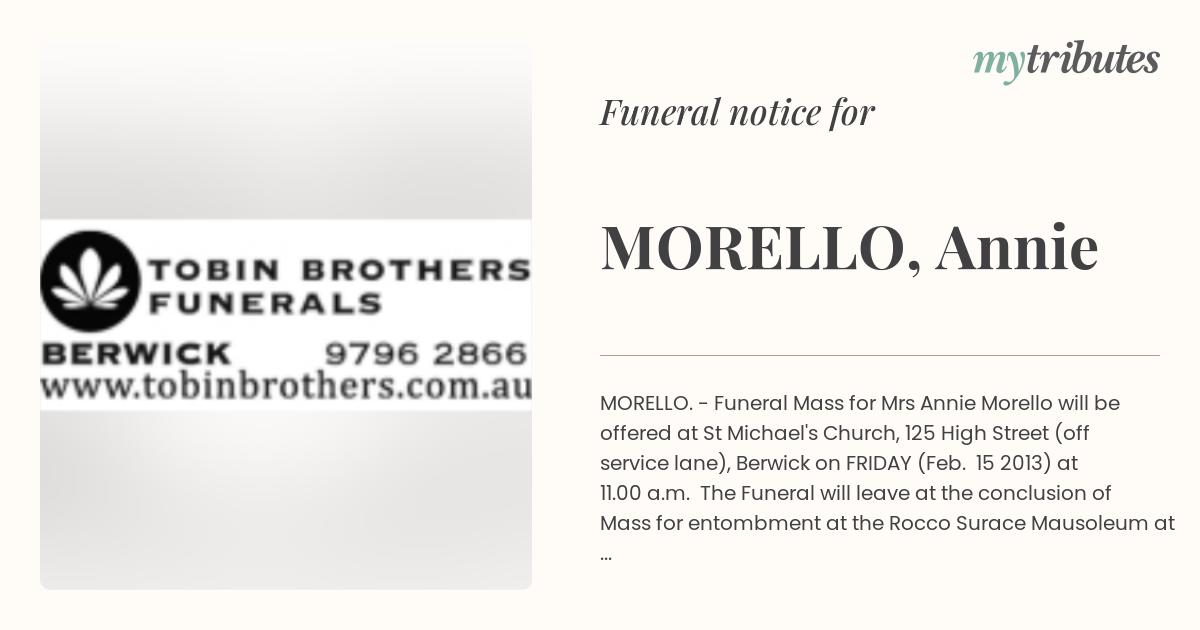 MORELLO, Annie | Funeral Notices | Melbourne | My Tributes