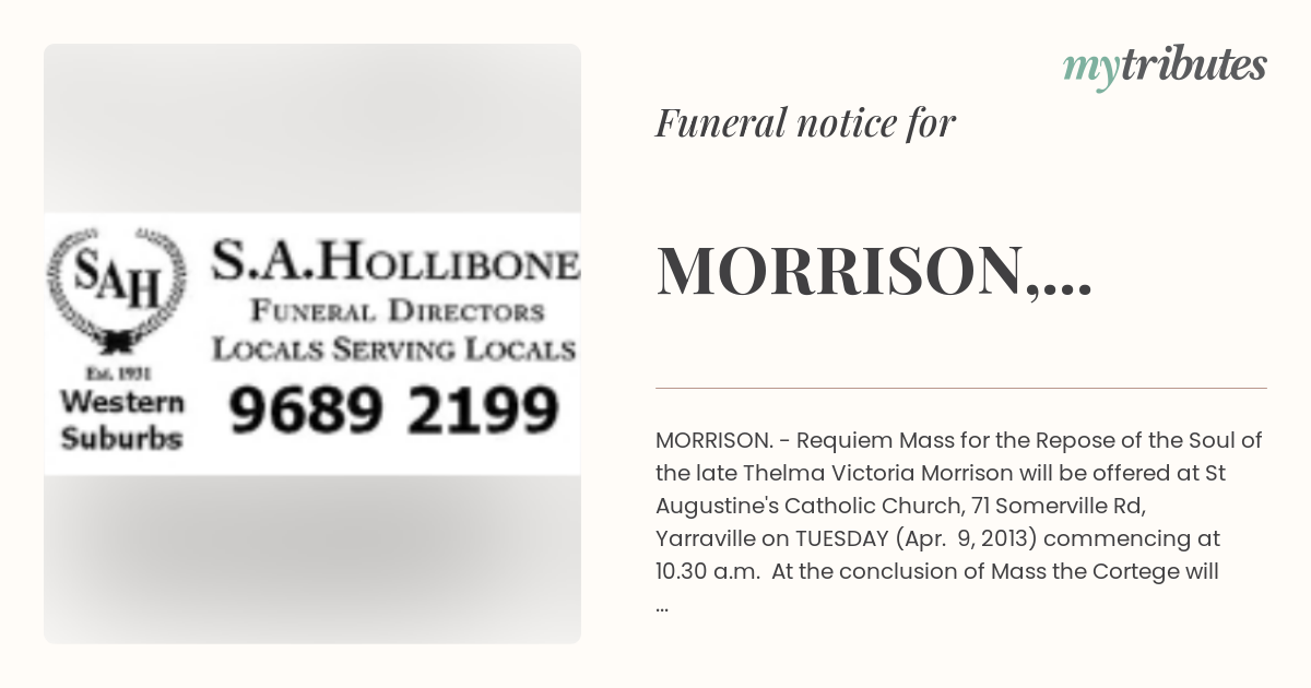 MORRISON, Thelma Victoria | Funeral Notices | Melbourne | My Tributes