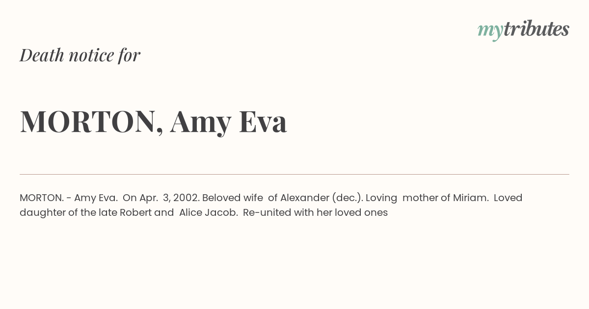 MORTON, Amy Eva | Death Notices | Melbourne | Weekly Times Now