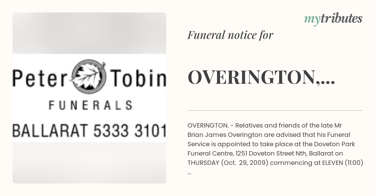 OVERINGTON, Brian James | Funeral Notices | Melbourne | My Tributes
