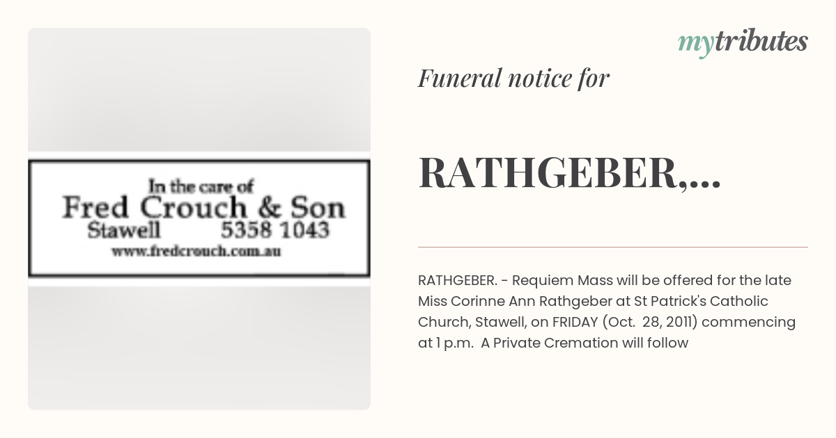 RATHGEBER, Corinne Ann | Funeral Notices | Melbourne | My Tributes