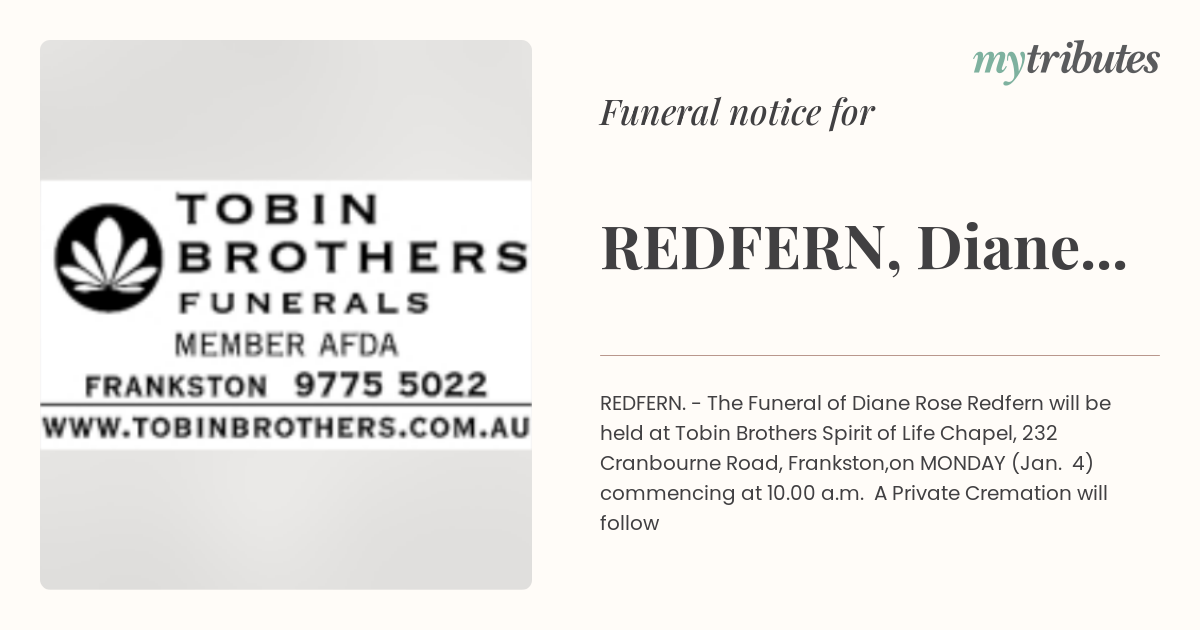 REDFERN, Diane Rose | Funeral Notices | Melbourne | My Tributes