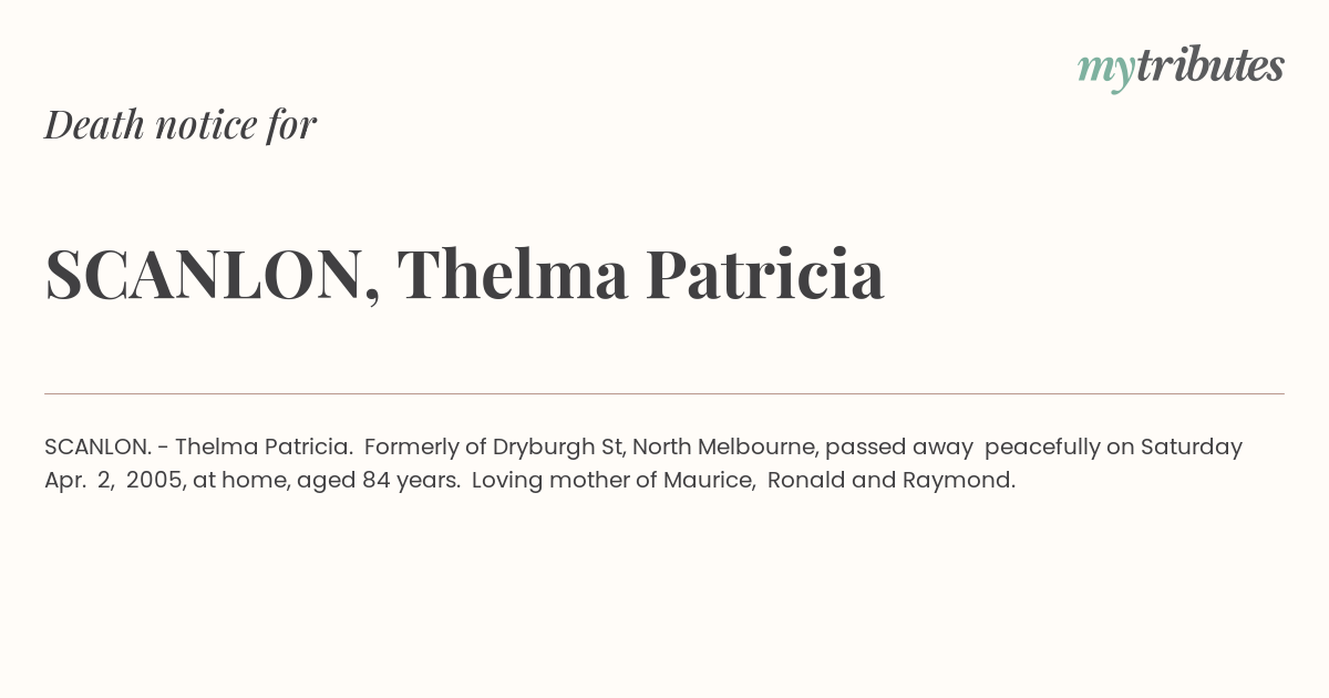 SCANLON, Thelma Patricia | Death Notices | Melbourne | My Tributes