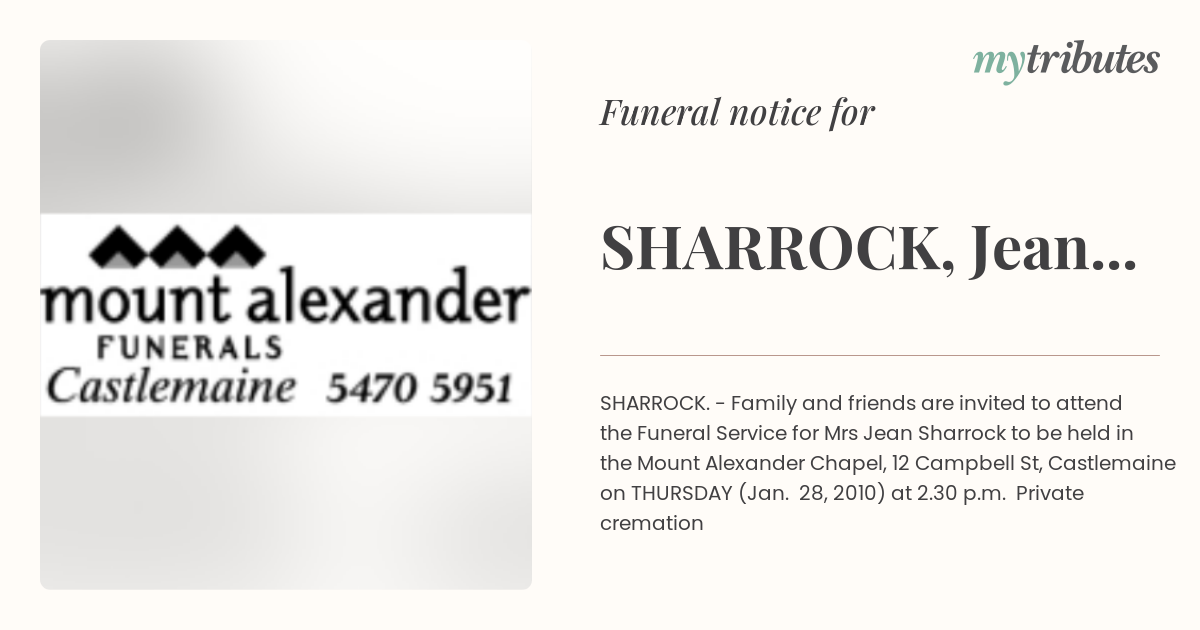 SHARROCK, Jean Irene Juliet | Funeral Notices | Melbourne | Herald Sun