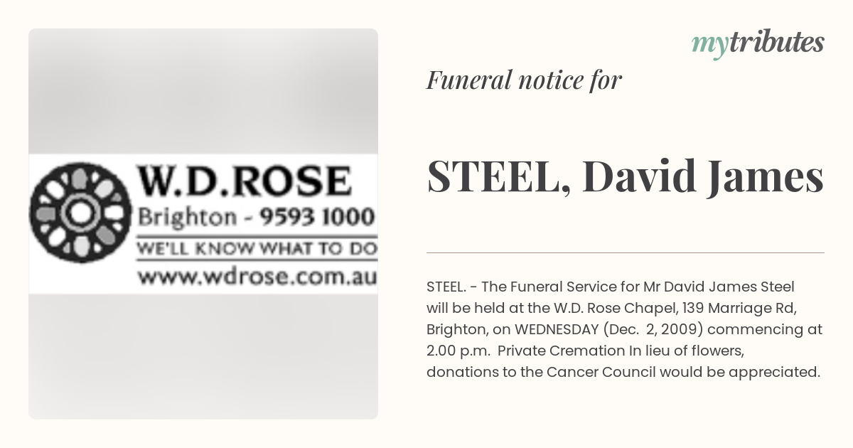 STEEL, David James | Funeral Notices | Melbourne | My Tributes