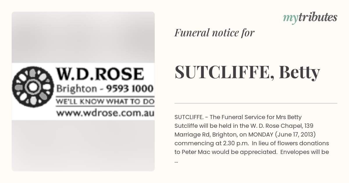 SUTCLIFFE, Betty | Funeral Notices | Melbourne | My Tributes
