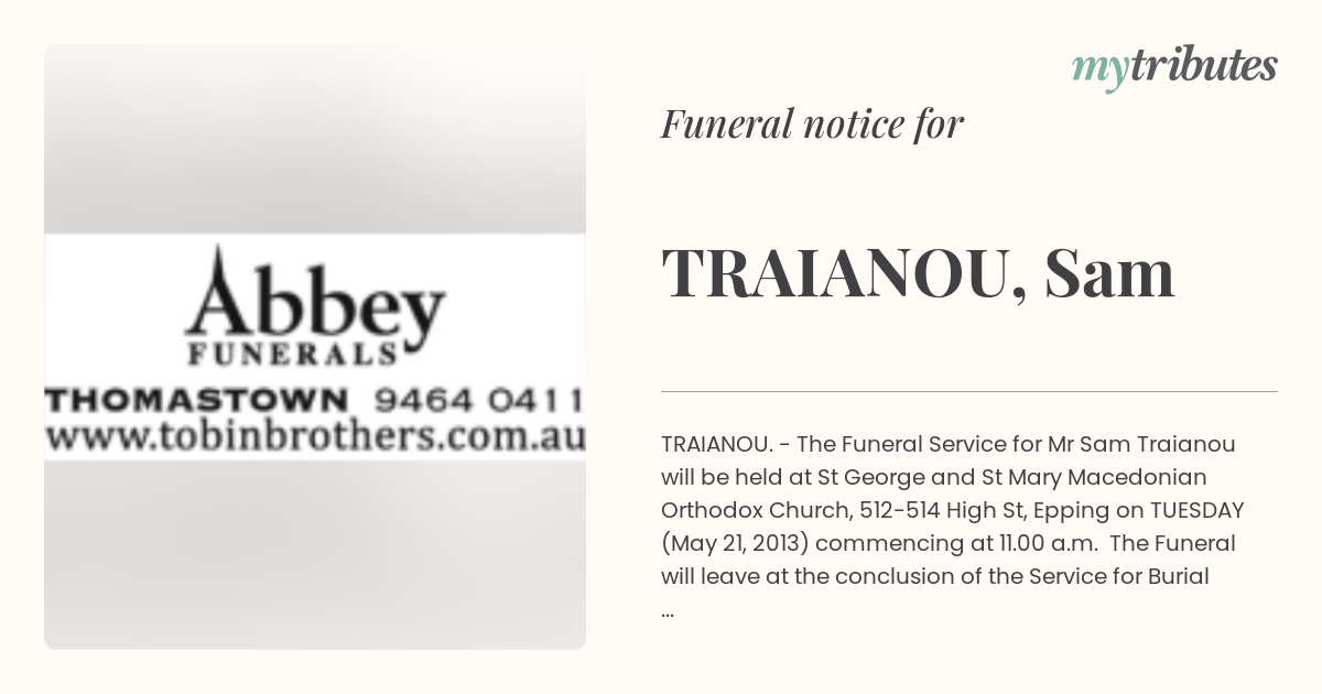 TRAIANOU, Sam | Funeral Notices | Melbourne | My Tributes