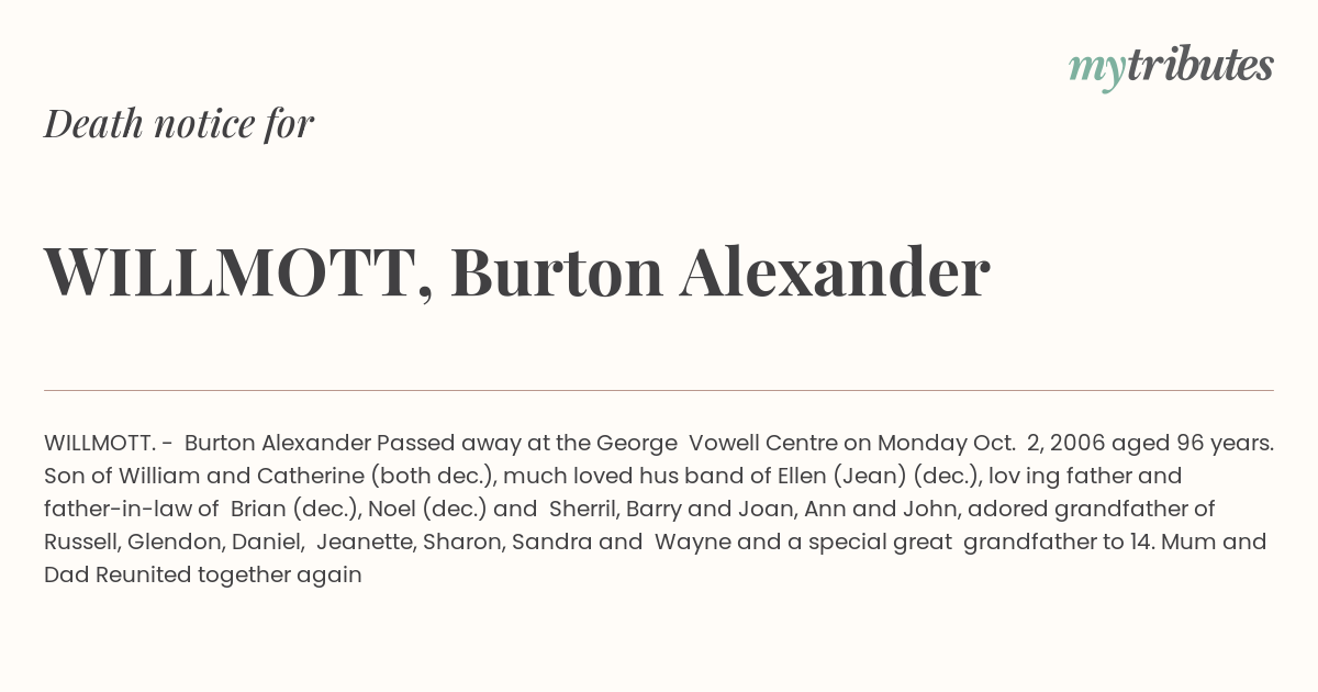 WILLMOTT, Burton Alexander | Death Notices | Melbourne | My Tributes