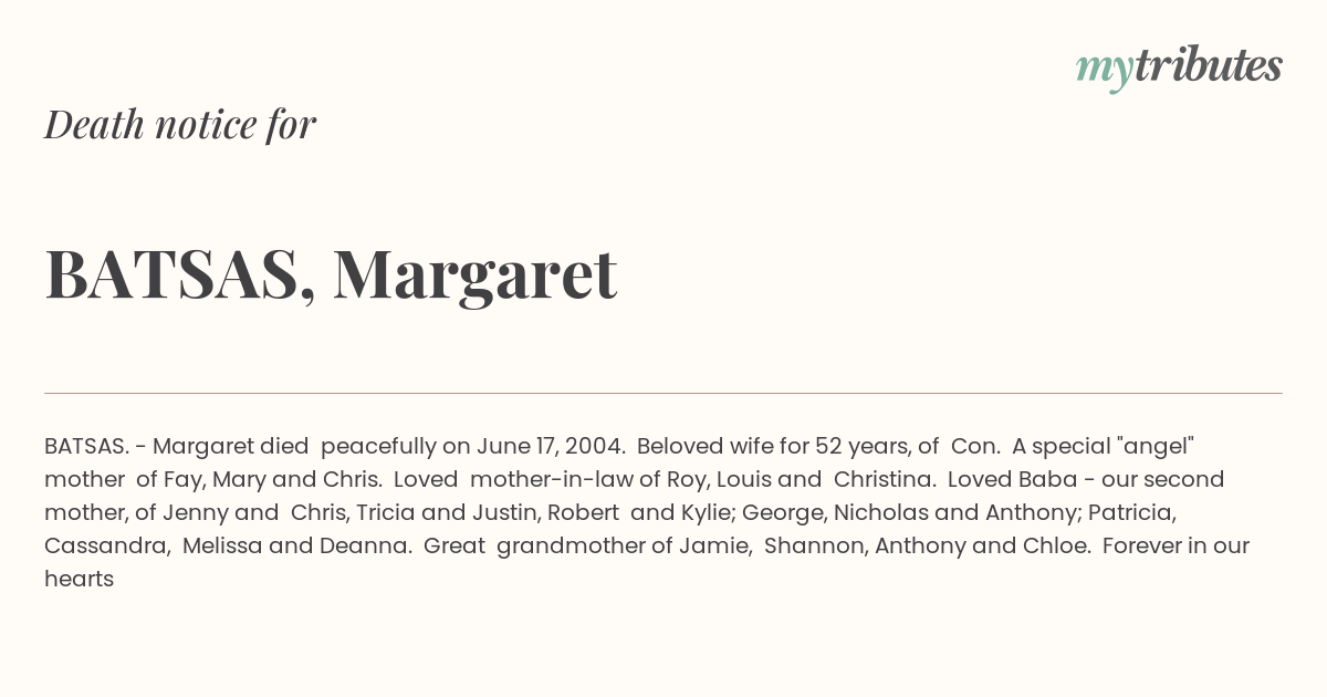 BATSAS, Margaret | Death Notices | Melbourne | Weekly Times Now