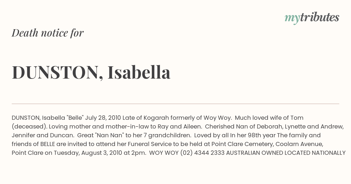 DUNSTON, Isabella | Death Notices | Sydney | Weekly Times Now