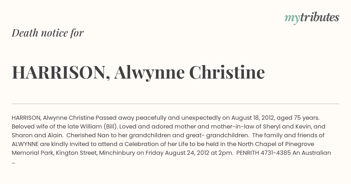 HARRISON, Alwynne Christine | Death Notices | Sydney | My Tributes