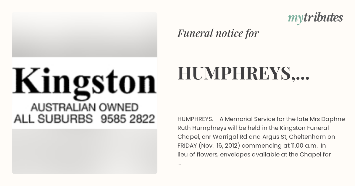 HUMPHREYS, Daphne Ruth | Funeral Notices | Melbourne | My Tributes