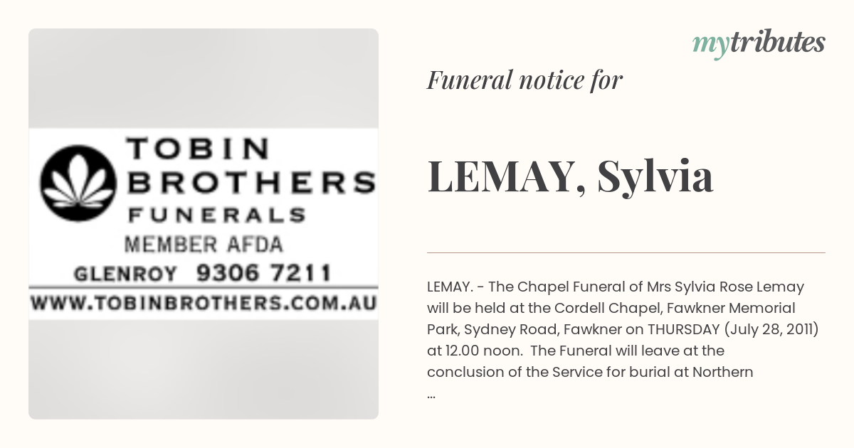 LEMAY, Sylvia | Funeral Notices | Melbourne | My Tributes