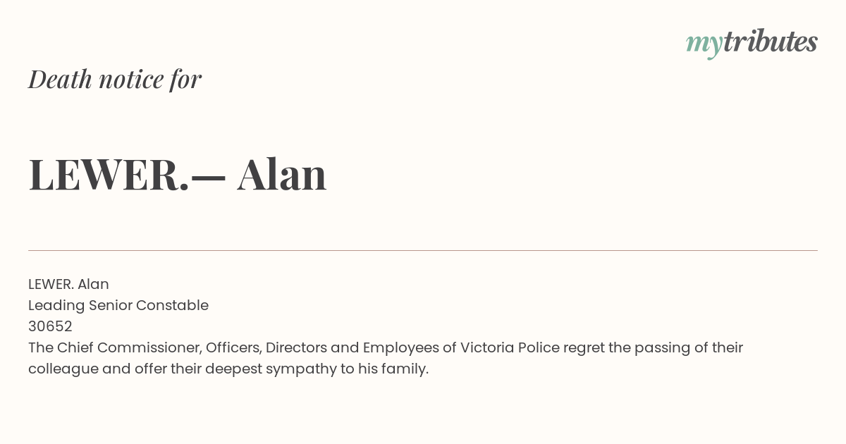 LEWER.— Alan | Death Notices | Melbourne | My Tributes