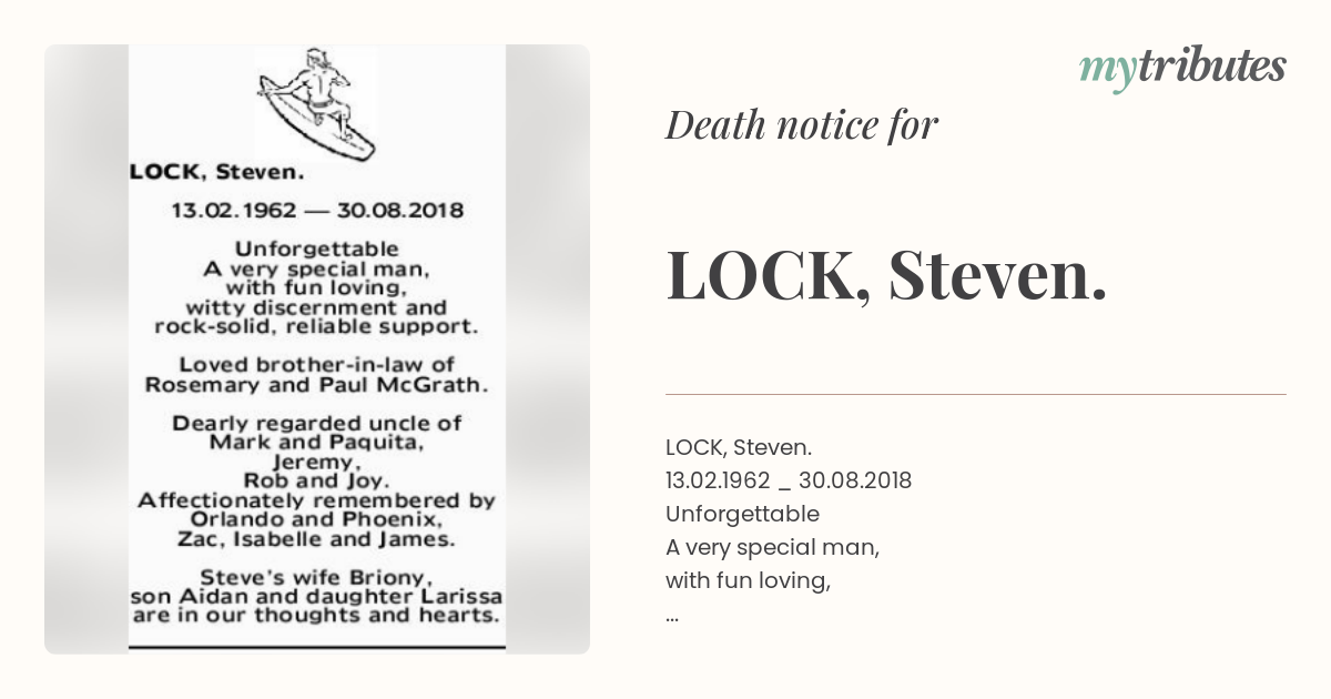 LOCK, Steven. | Death Notices | Adelaide | My Tributes