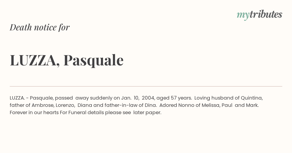 LUZZA, Pasquale | Death Notices | Melbourne | My Tributes