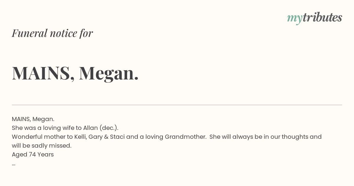 MAINS, Megan. | Funeral Notices | Sydney | Townsville Bulletin