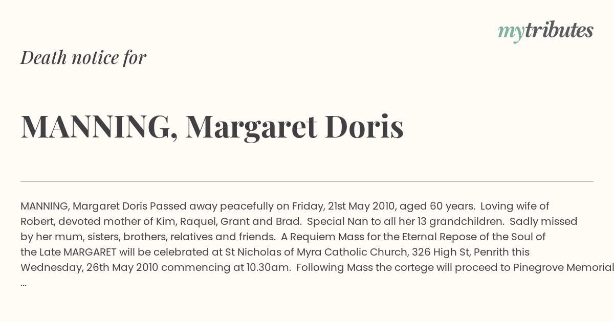 MANNING, Margaret Doris | Death Notices | Sydney | My Tributes