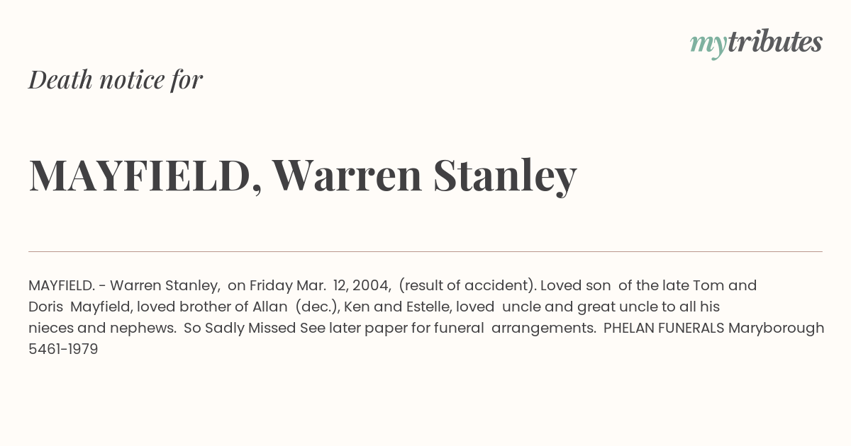 MAYFIELD, Warren Stanley | Death Notices | Melbourne | My Tributes