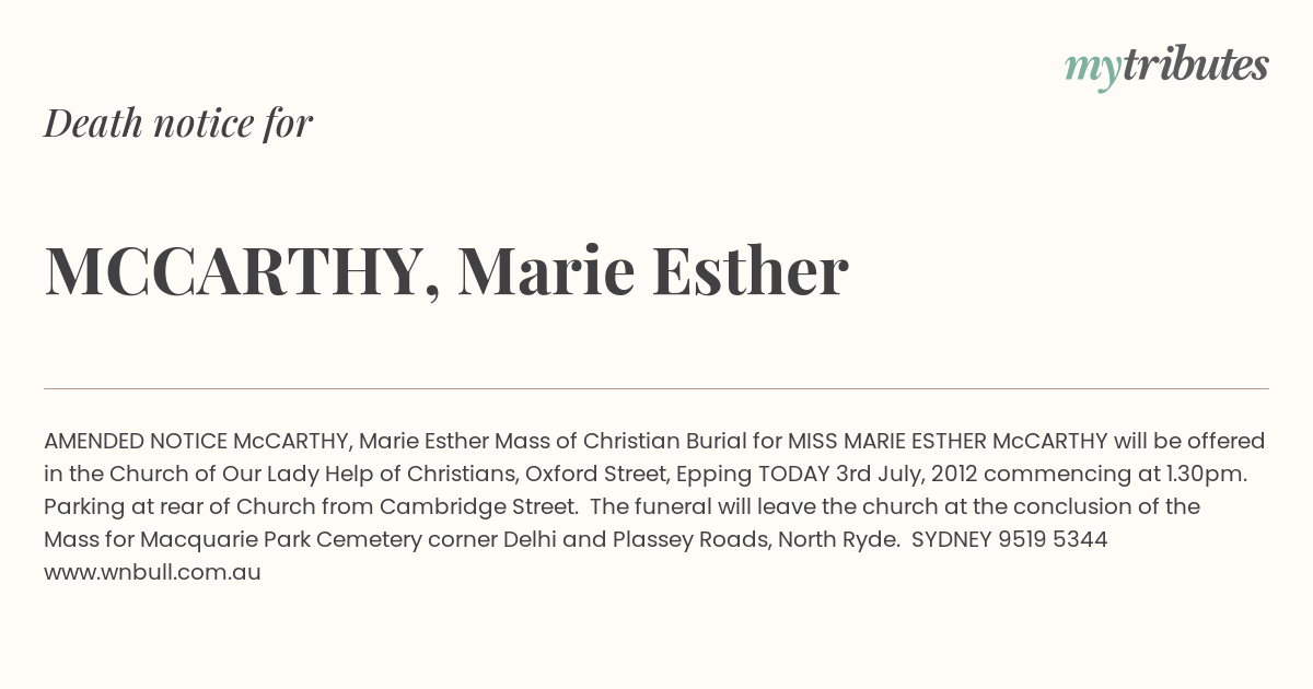 MCCARTHY, Marie Esther | Death Notices | Sydney | My Tributes