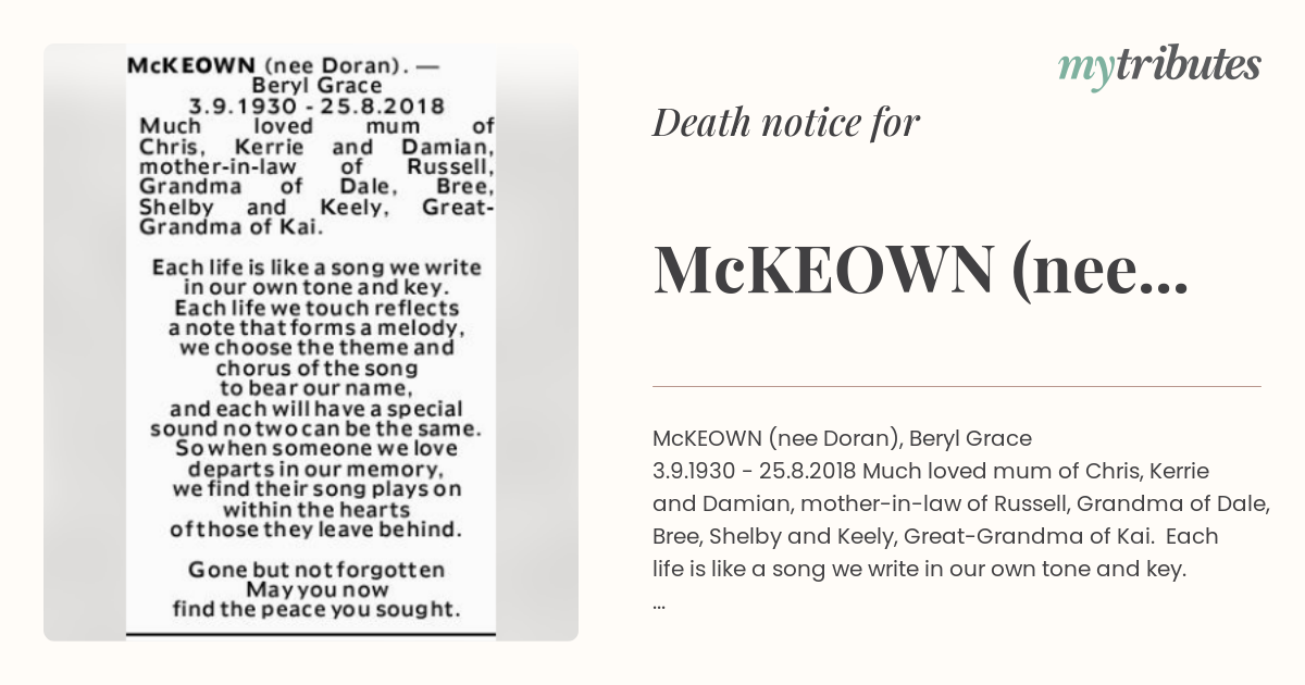 McKEOWN (nee Doran), Beryl Grace | Death Notices | Melbourne | My Tributes