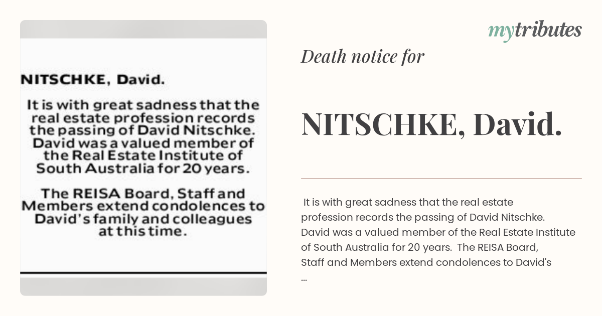 NITSCHKE, David. | Death Notices | Adelaide | My Tributes
