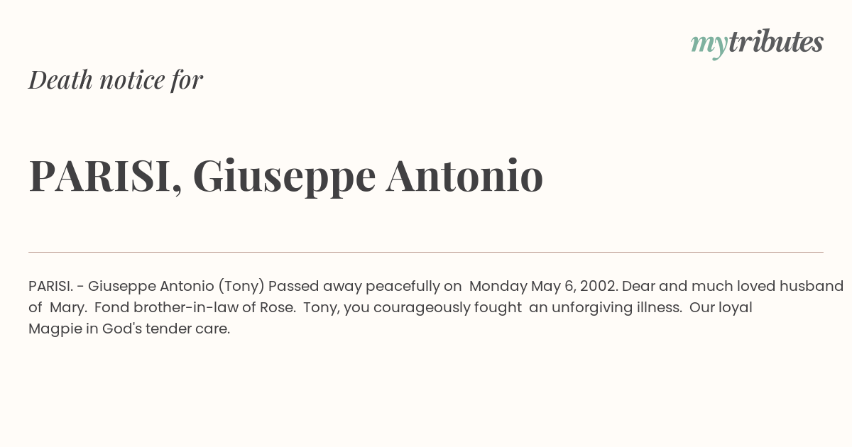 PARISI, Giuseppe Antonio | Death Notices | Melbourne | My Tributes