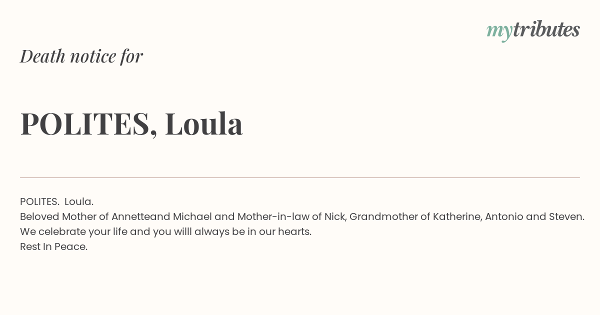 POLITES, Loula | Death Notices | Melbourne | My Tributes