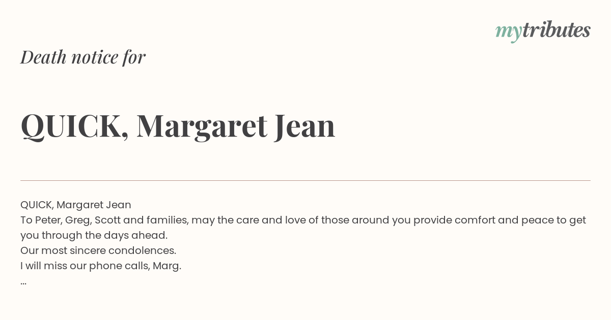 QUICK, Margaret Jean | Death Notices | Adelaide | Geelong Advertiser