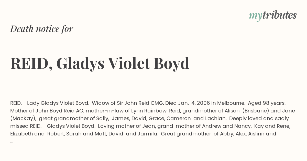 REID, Gladys Violet Boyd | Death Notices | Melbourne | Daily Telegraph