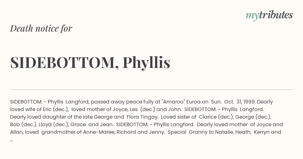 SIDEBOTTOM, Phyllis | Death Notices | Melbourne | My Tributes
