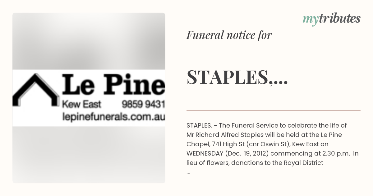 STAPLES, Richard Alfred | Funeral Notices | Melbourne | My Tributes