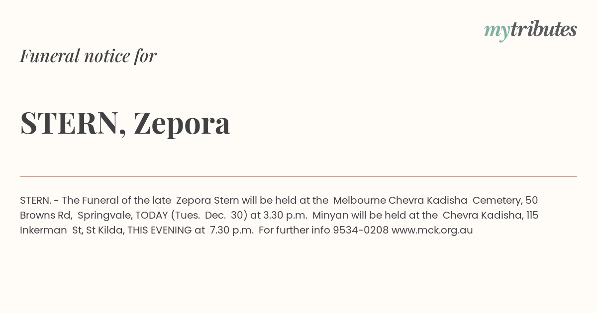 STERN, Zepora | Funeral Notices | Melbourne | My Tributes