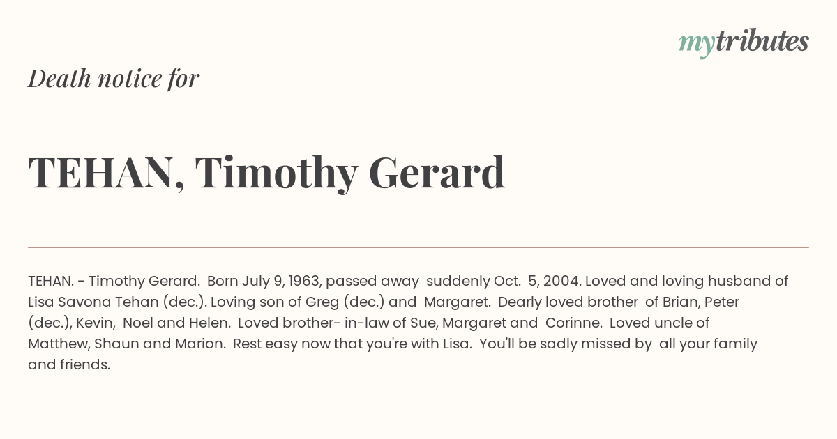 TEHAN, Timothy Gerard | Death Notices | Melbourne | My Tributes