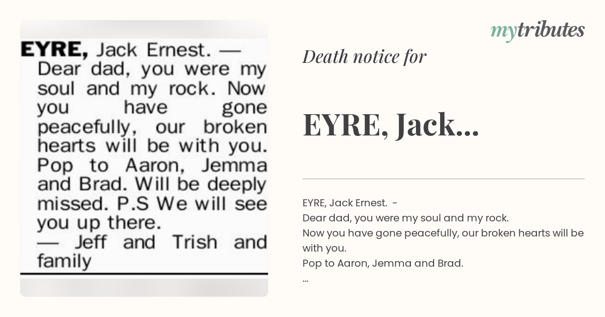 EYRE, Jack Ernest. - | Death Notices | Geelong | My Tributes