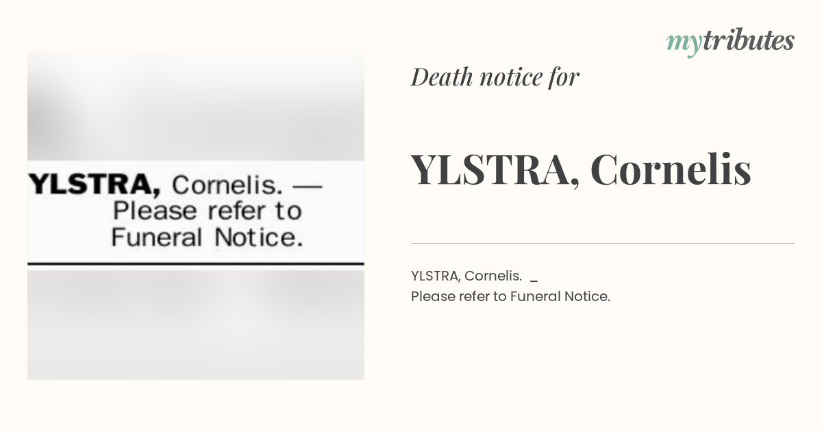 YLSTRA, Cornelis | Death Notices | Geelong | The Mercury