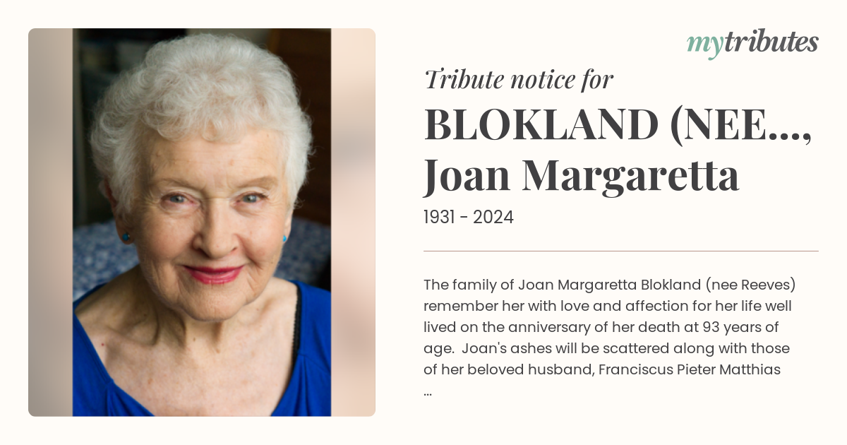 BLOKLAND (NEE REEVES), Joan Margaretta | Tributes | Adelaide | My Tributes