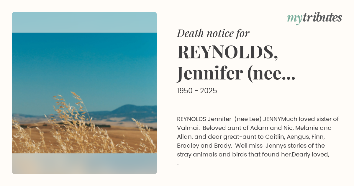 REYNOLDS, Jennifer (nee Lee) Jenny | Death Notices | Melbourne | My ...