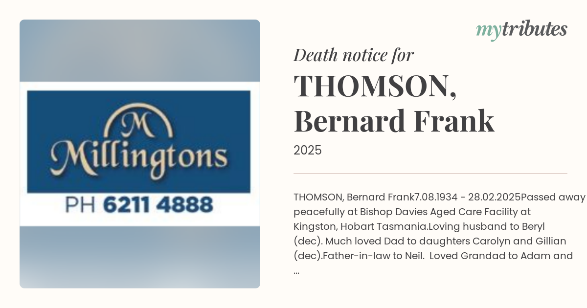 THOMSON, Bernard Frank | Death Notices | Tasmania | My Tributes