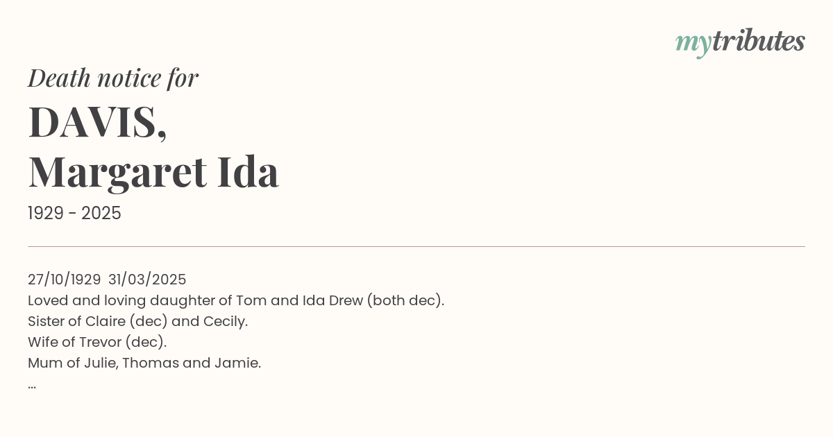 DAVIS, Margaret Ida | Death Notices | Tasmania | My Tributes