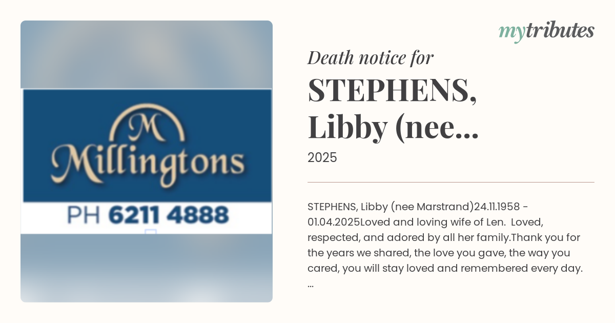 STEPHENS, Libby (nee Marstrand) | Death Notices | Tasmania | The Mercury