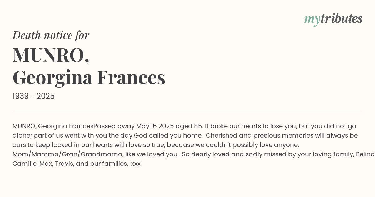 MUNRO, Georgina Frances | Death Notices | Melbourne | My Tributes