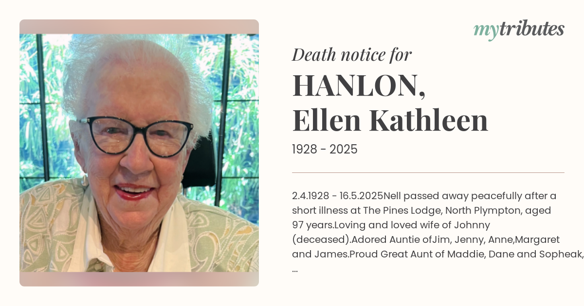 HANLON, Ellen Kathleen | Death Notices | Adelaide | My Tributes
