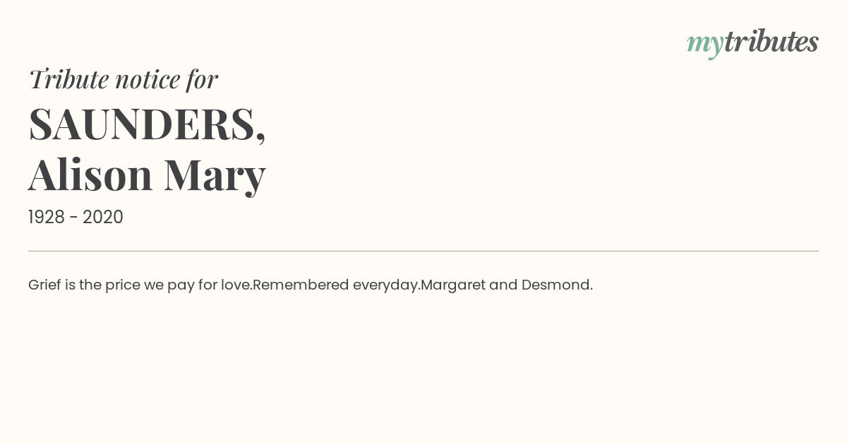 SAUNDERS, Alison Mary | Tributes | Melbourne | My Tributes