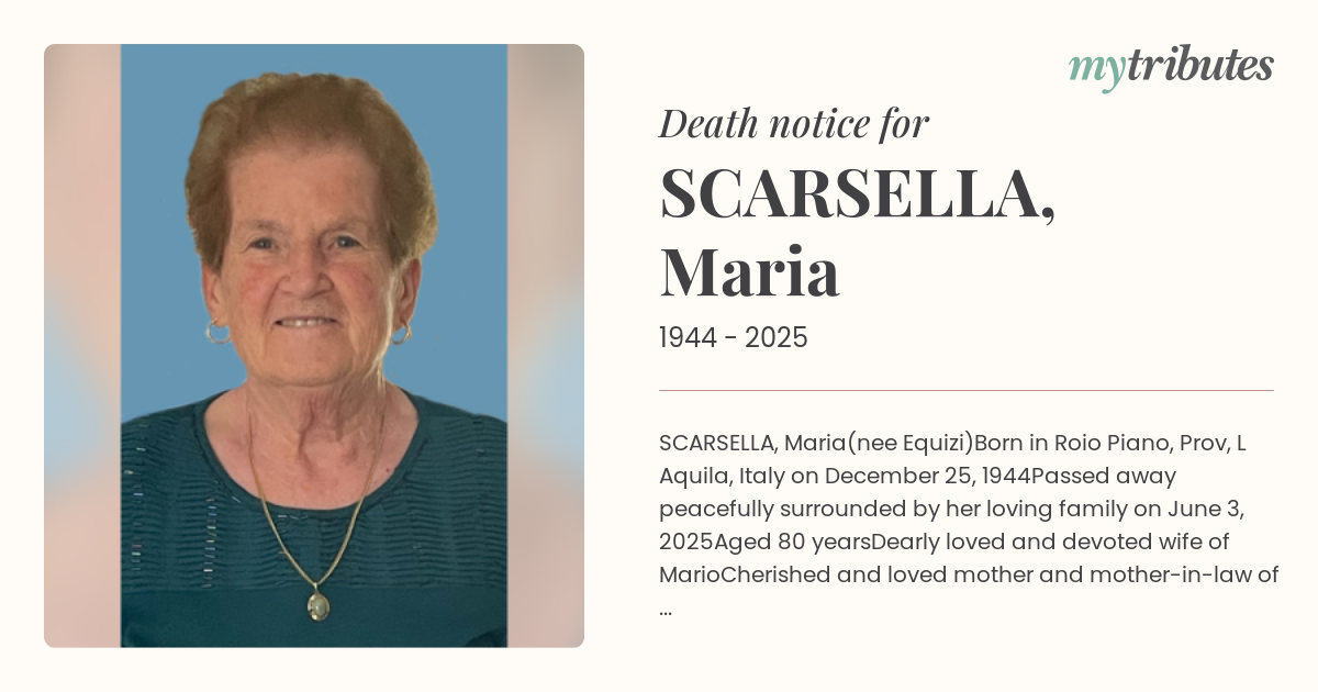 SCARSELLA, Maria | Death Notices | Adelaide | My Tributes