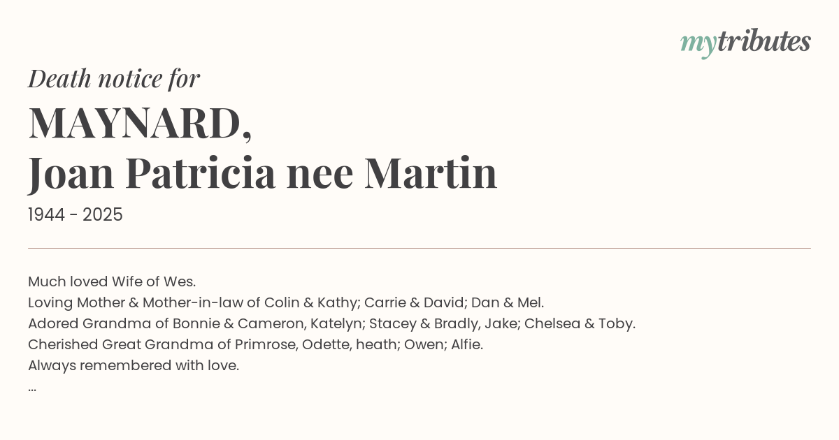 MAYNARD, Joan Patricia nee Martin | Death Notices | Adelaide | My Tributes