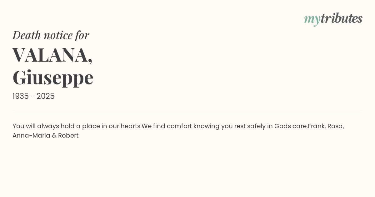 VALANA, Giuseppe | Death Notices | Adelaide | My Tributes